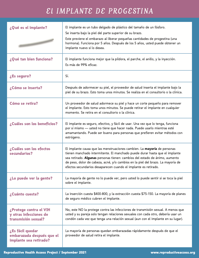 Progestin Implant Fact Sheet Reproductive Health Access Project Store